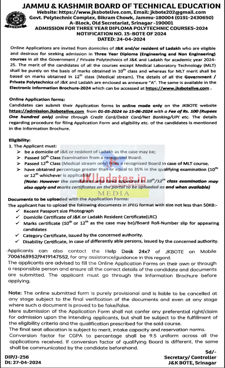 JKBOTE Admission Notification To Various Courses | JKUpdates - Govt ...