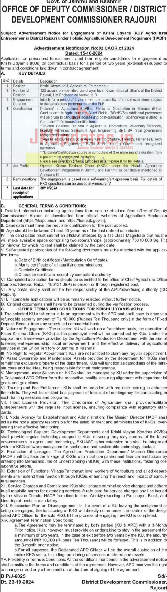 120 Posts under J&K Holistic Agriculture Development Programme (HADP ...