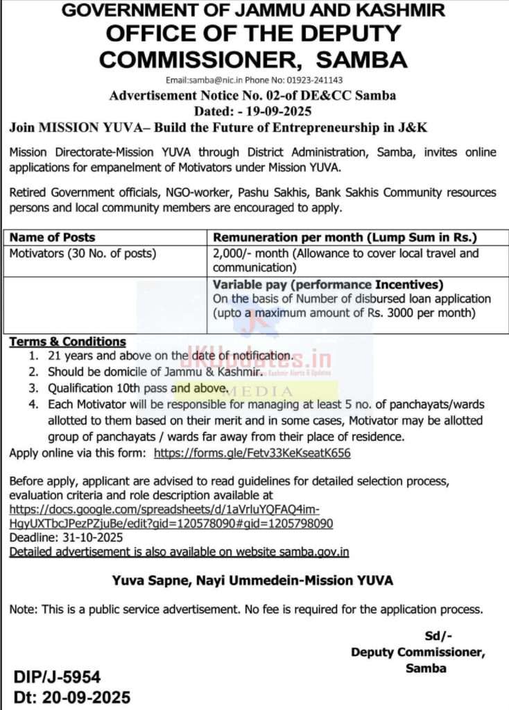 Mission YUVA Govt of J&K Recruitment Samba | JKUpdates - Govt Private ...