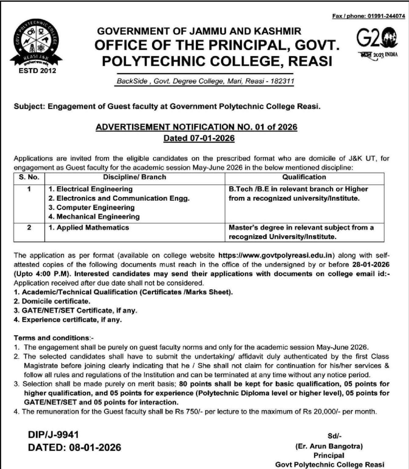 Job Recruitment in Govt. Polytechnic College Reasi | JKUpdates - Govt ...