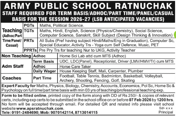 Job Recruitment in Army Public School Ratnuchak | JKUpdates - Govt ...