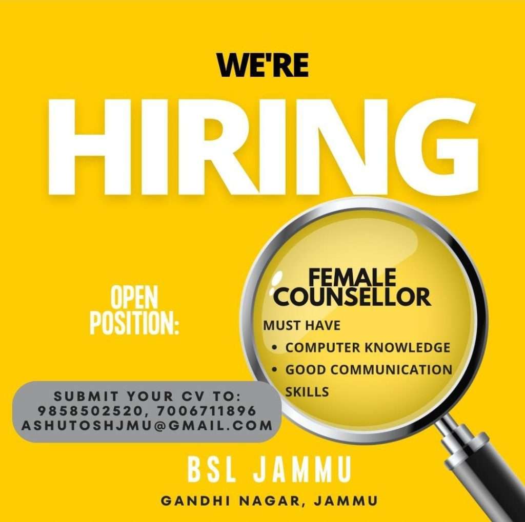 Job Vacancy for Female Counsellor, Jammu | JKUpdates - Govt Private ...